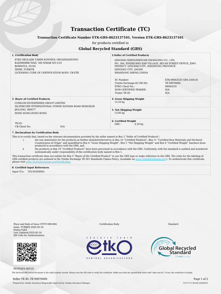 ETKO GRS Transaction Certificate | PDF | Authentication