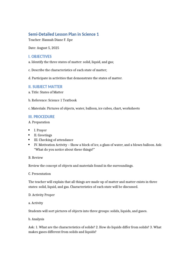 Lesson Plan States of Matter | PDF