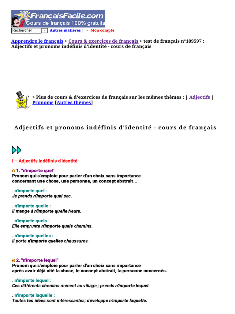 Adjectifs et pronoms indéfinis en français | PDF | Pronom