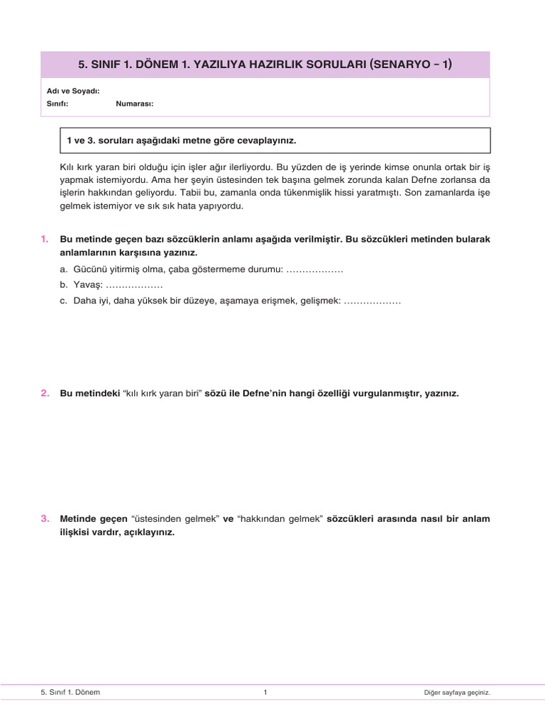 5 Sinif Ortak Yazili Sinav 1 (Turkce) | PDF