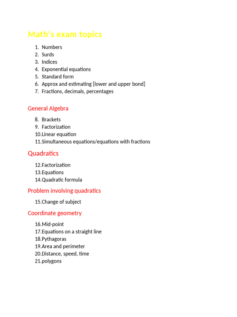 Math Exam Topics | PDF