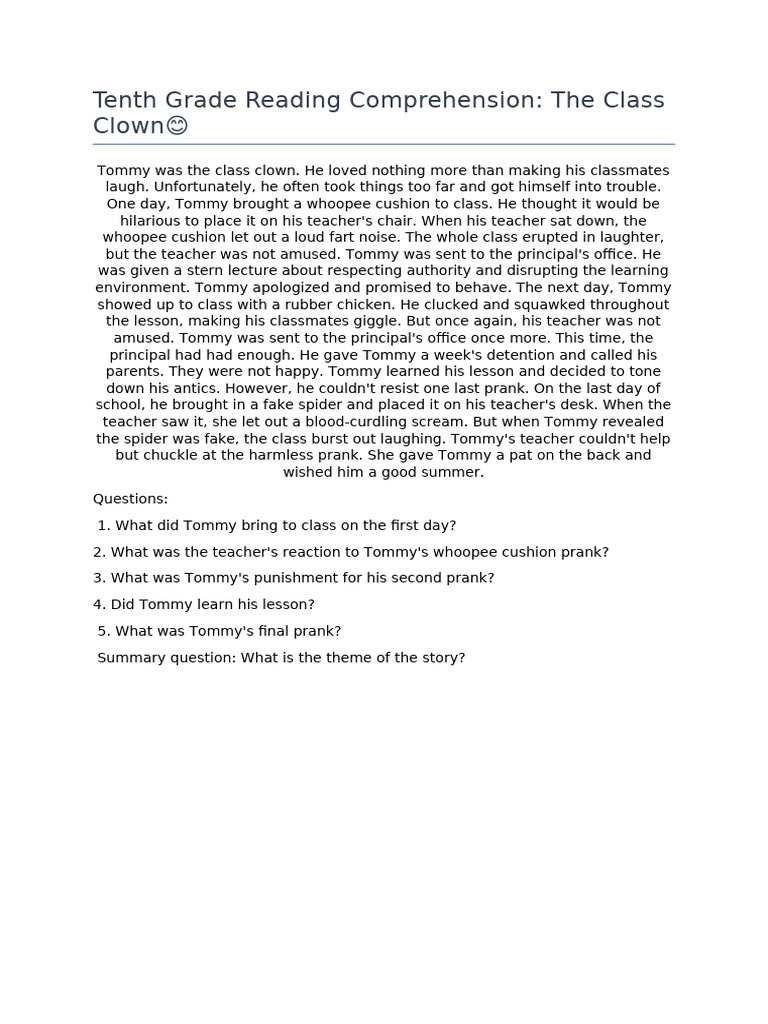 Tenth Grade Reading Comprehension | PDF