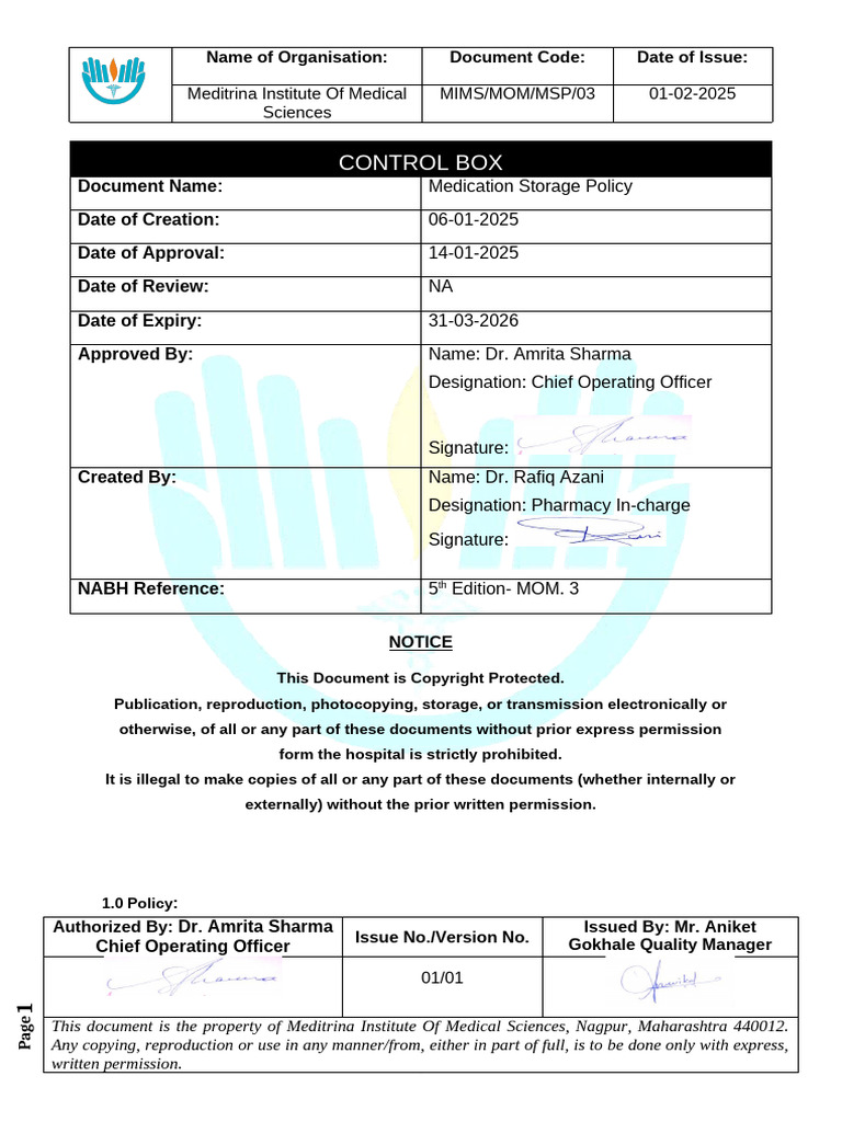 Medication Storage Policy at MIMS | PDF | Pharmacy | Inventory