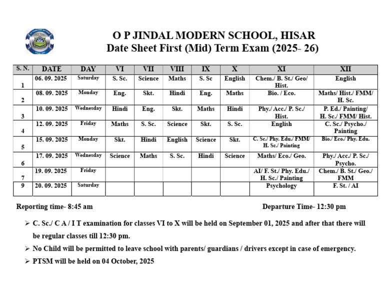O P Jindal School Mid Term Exam Dates 2025 | PDF