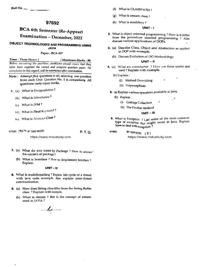 Bca 6 Sem Object Technologies and Programming Using Java 97692 Dec 2022 | PDF