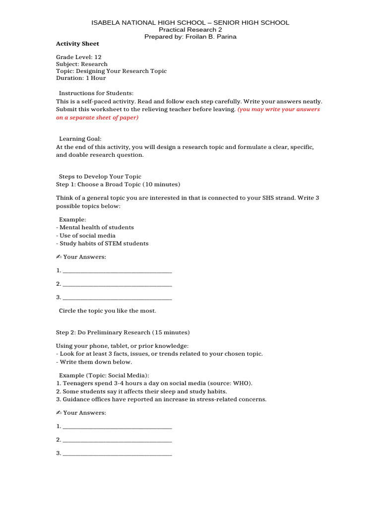 Designing Your Research Topic ActivitySheet | PDF | Cognition | Learning