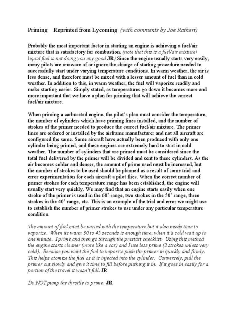 Priming An Airplane Engine | PDF | Carburetor | Throttle