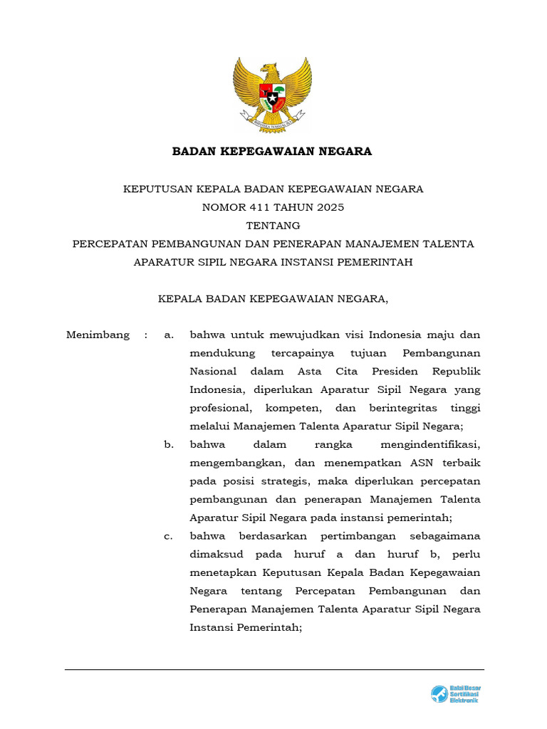 Keputusan Kepala BKN No 411 Tahun 2025 Terkait Percepatan Pembangunan Dan Penerapan Manajemen ...