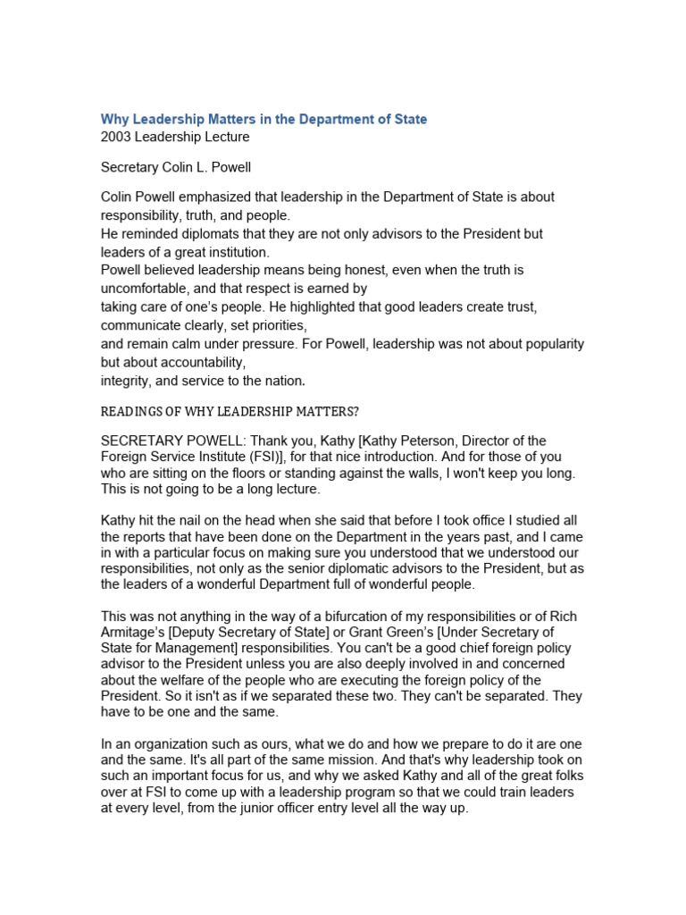 Importance of Leadership in State Department | PDF | United States ...