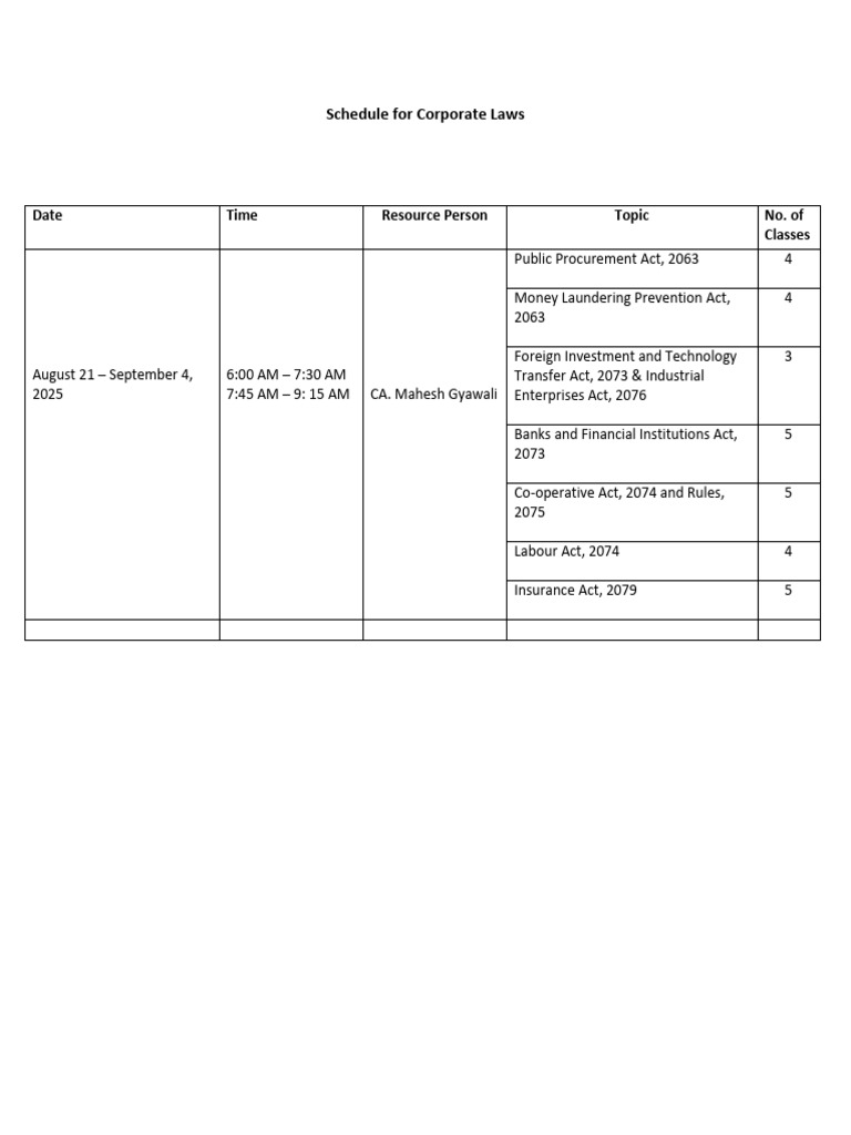 Corporate Laws Class Schedule 2025 | PDF