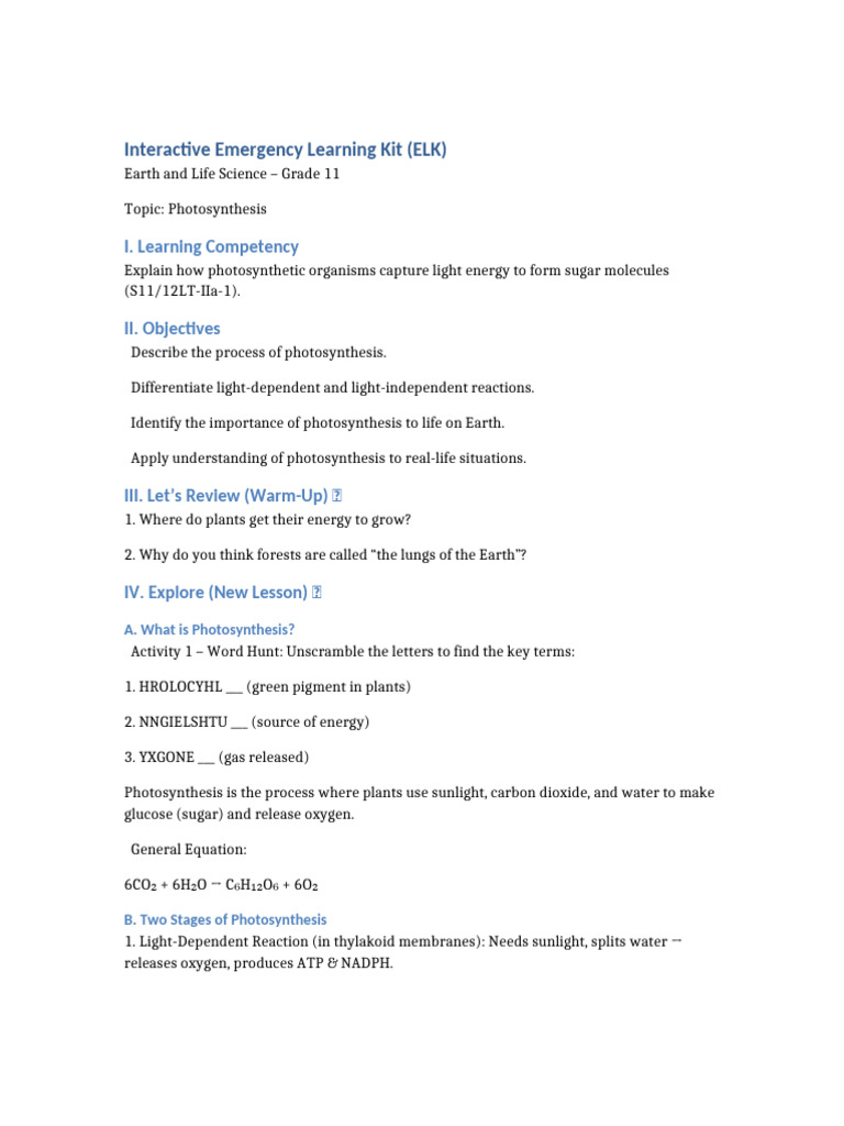 Photosynthesis Learning Kit for Grade 11 | PDF | Photosynthesis | Biology