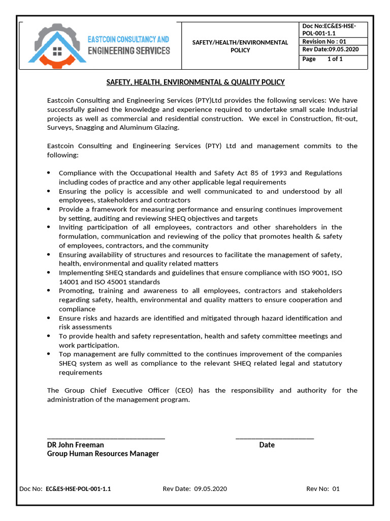 SHEQ Policy for Eastcoin Consulting | PDF | Occupational Safety And ...