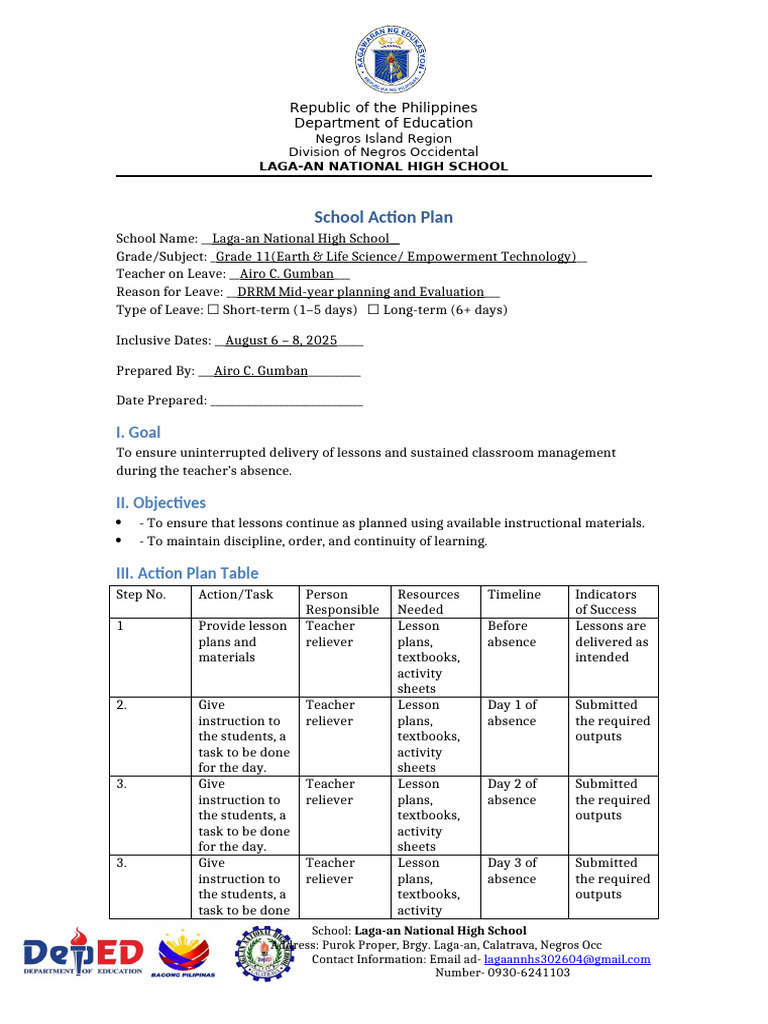 Action Plan Teacher Absence | PDF | Teachers | Behavior Modification