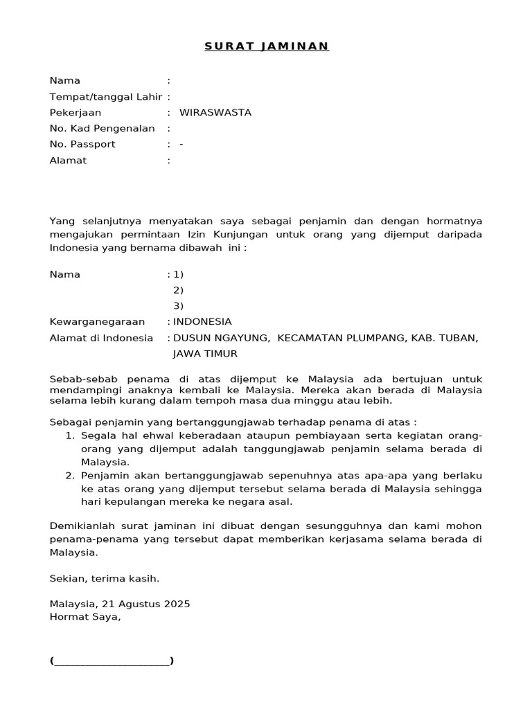Contoh Surat Jaminan Malaysia | PDF