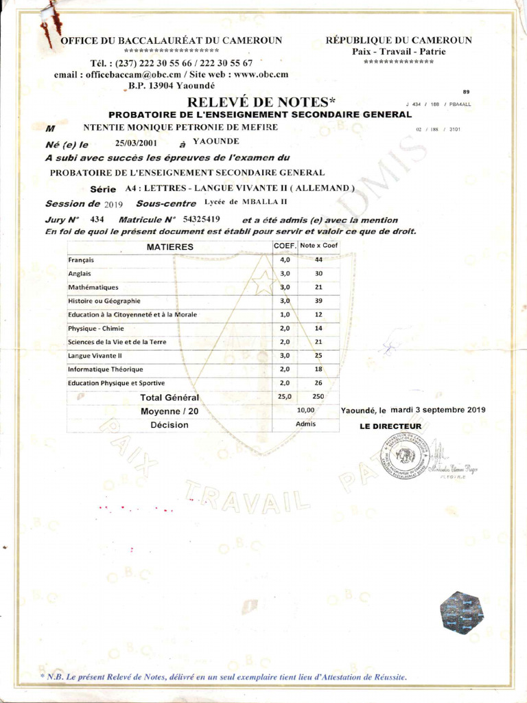 Releve de Notes | PDF