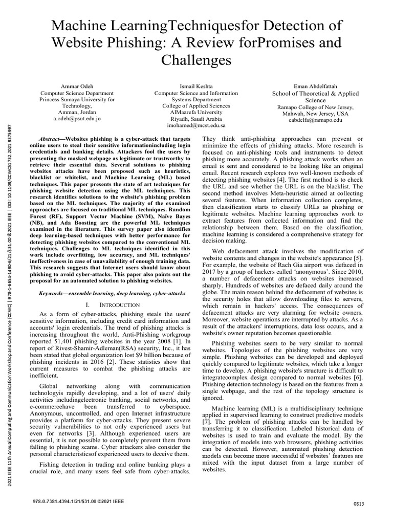 Machine LearningTechniquesfor Detection of Website Phishing A Review For Promises and Challenges ...