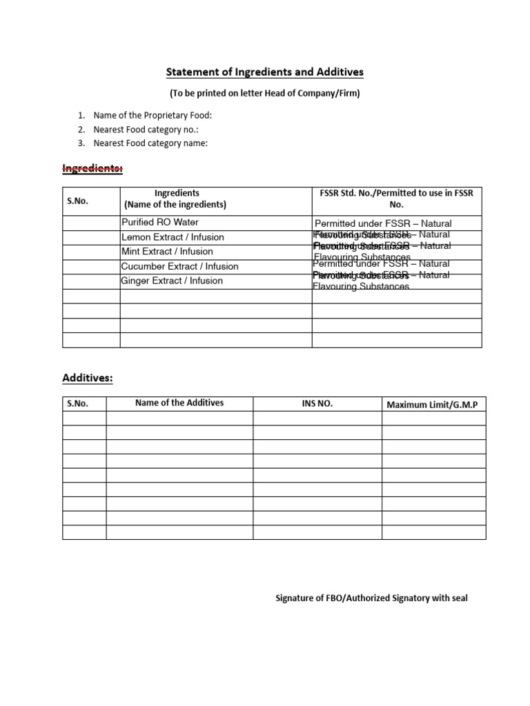 Proprietary Food Ingredients Statement | PDF