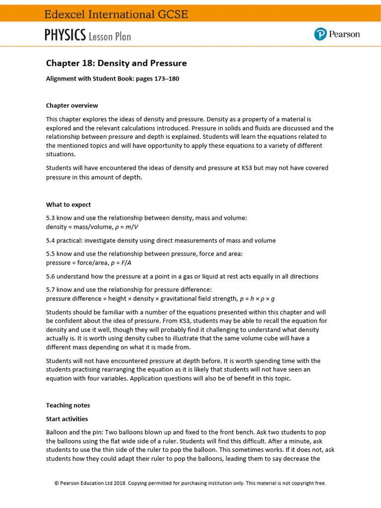 IGCSE_Physics_Lesson Plan 18_Density and Pressure | PDF | Pressure | Density