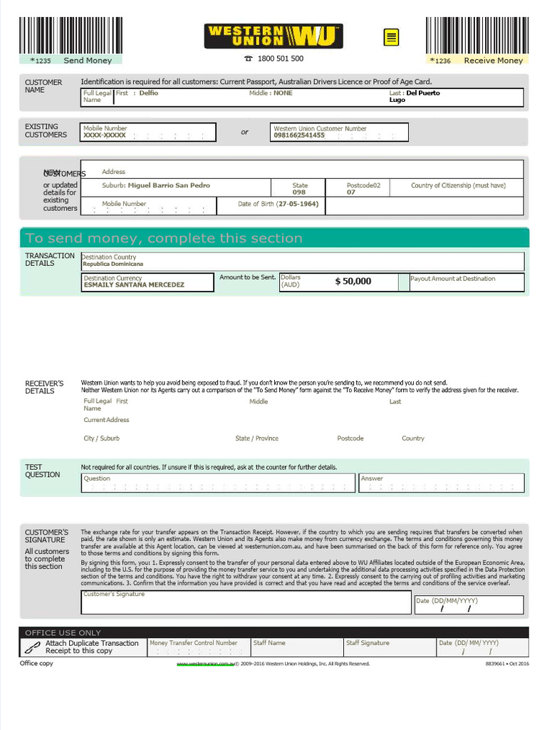 Western Union Money Transfer Form | PDF | Wire Transfer | Currency