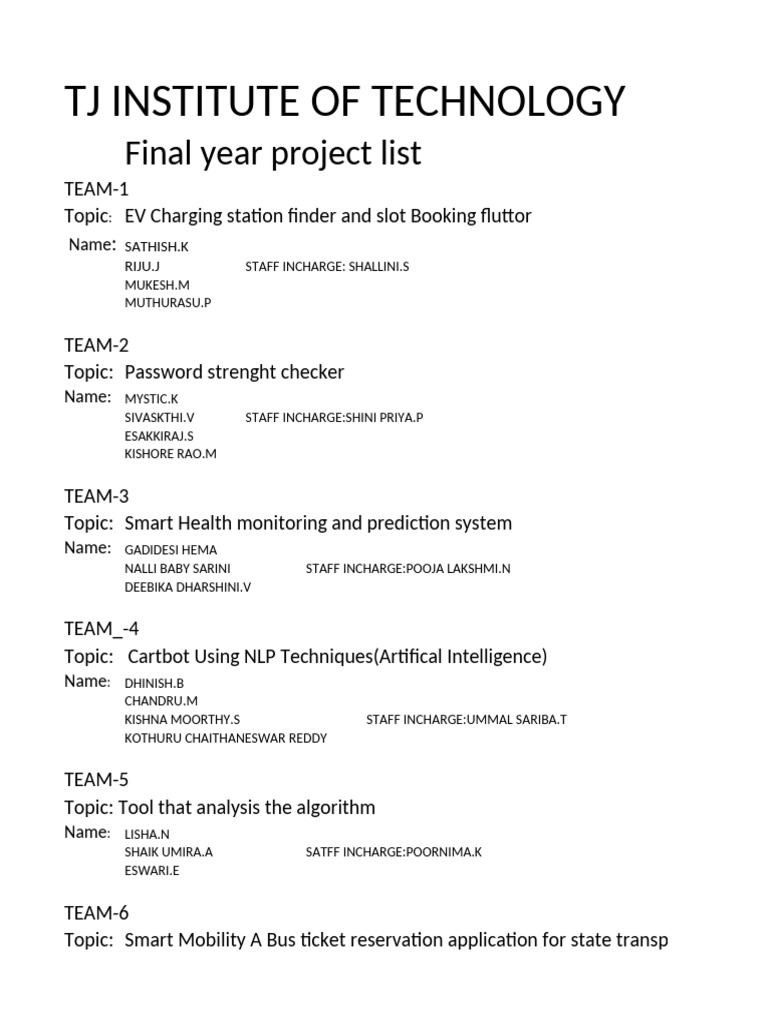 TJ Final Year Project List | PDF