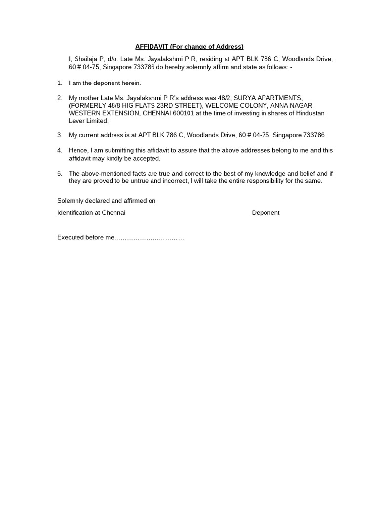 AFFIDAVIT Change of Address | PDF | Affidavit | Legal Procedure