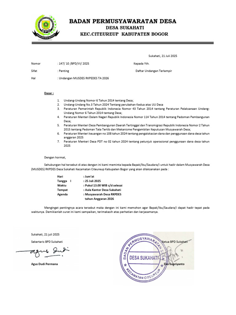 Undangan MUSDES RKPDES 2026 Desa Sukahati | PDF
