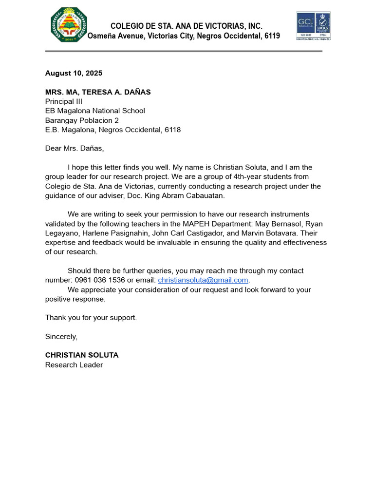 Letter For The Principal | PDF