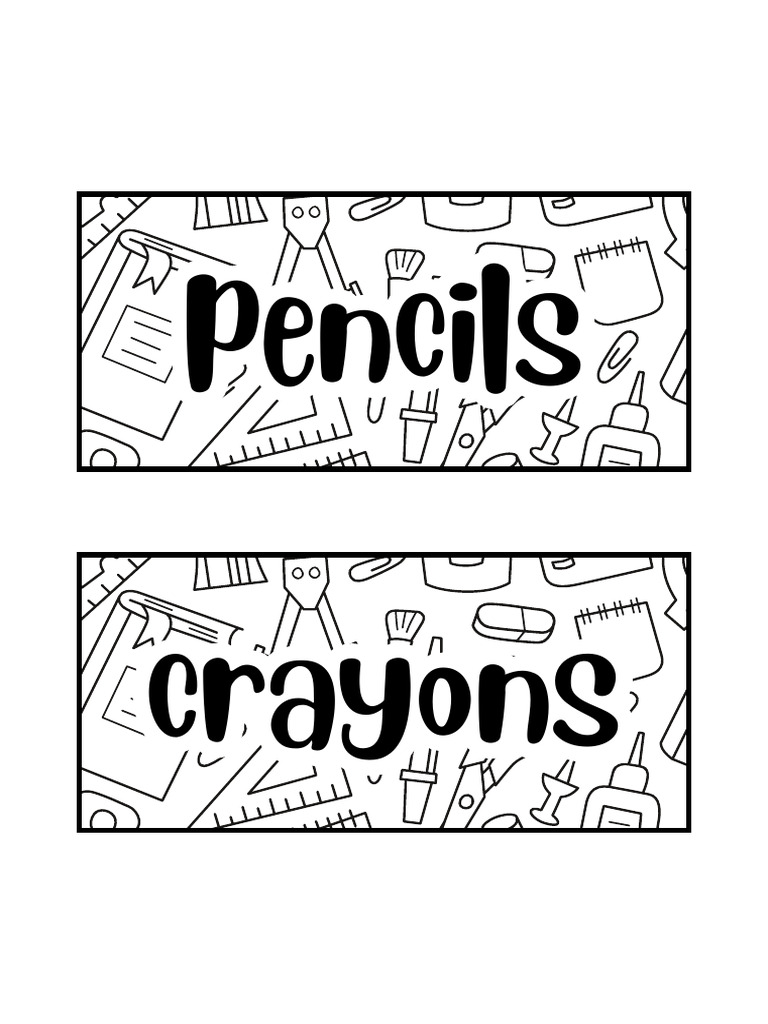 Art Supplies Classroom Labels in Black and White Illustrative Style ...