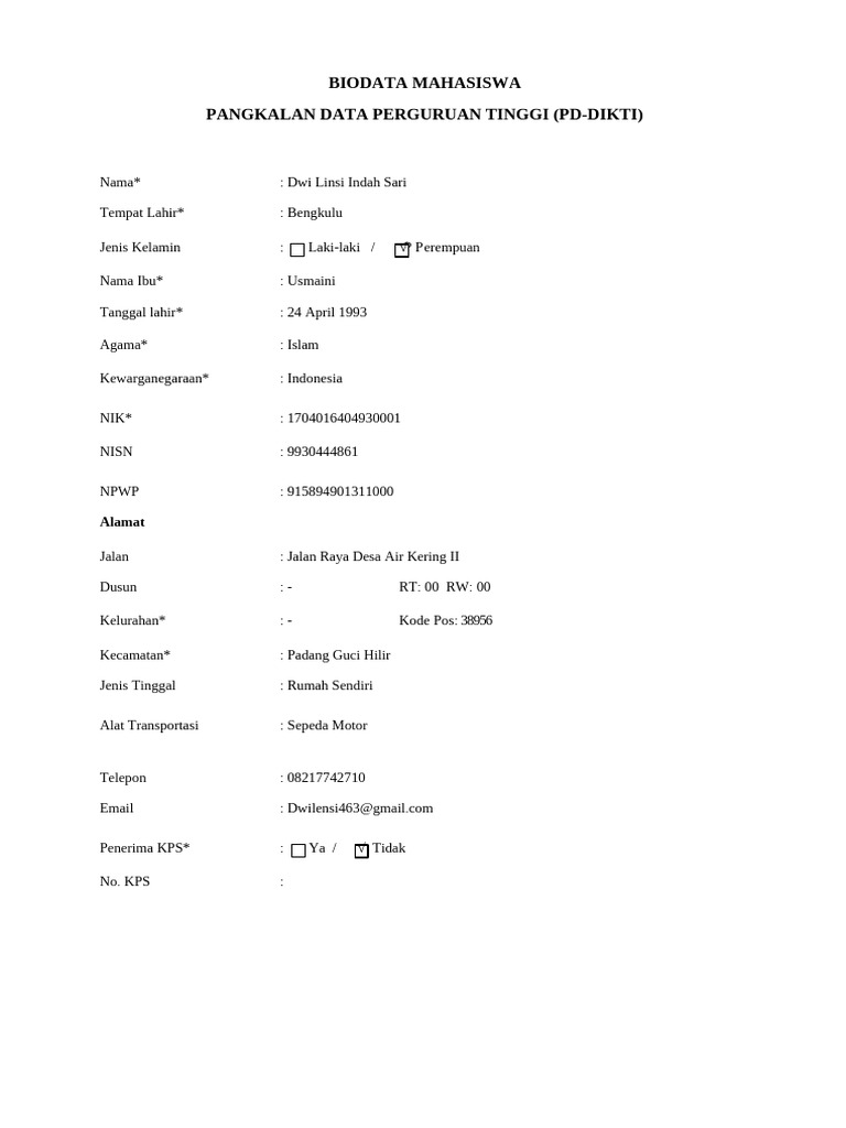Biodata Mahasiswa Dwi Linsi Indah Sari | PDF