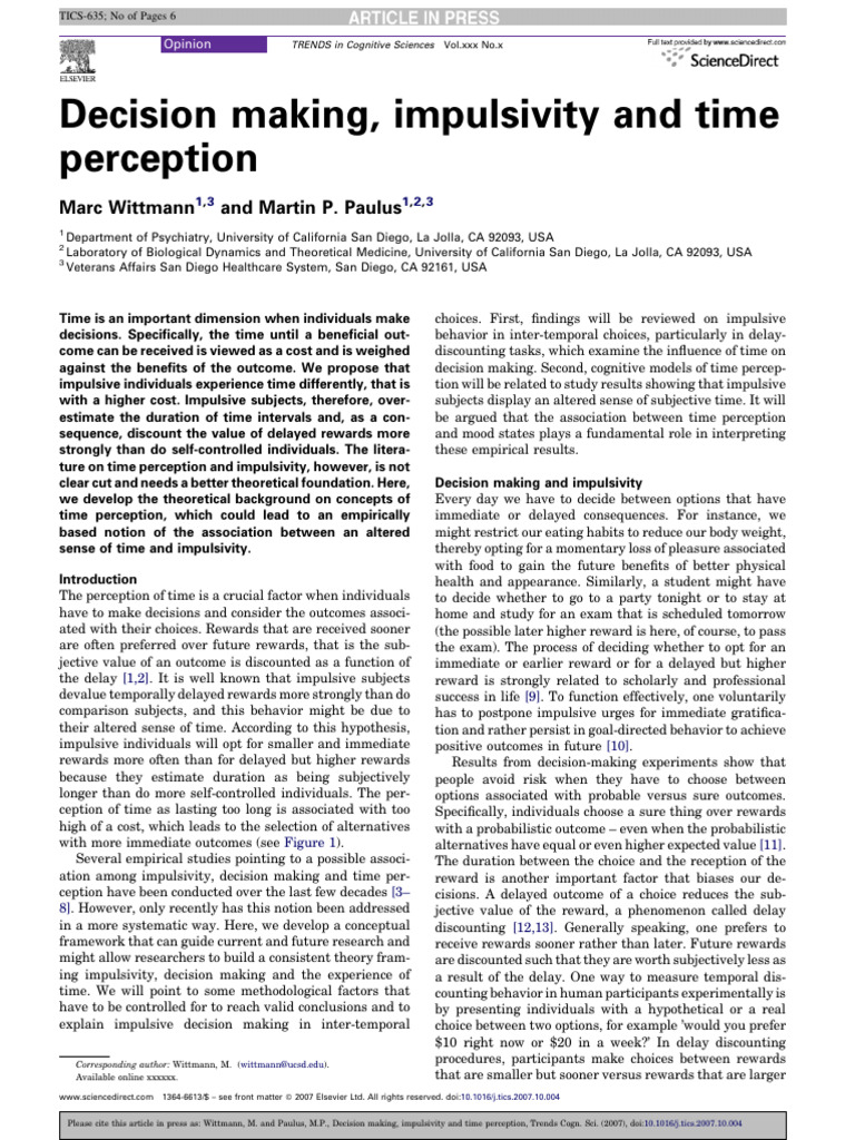 Decision Making Impulsivity and Time Per | PDF | Impulsivity | Delayed ...