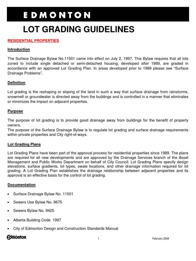 City of Edmonton Residential Lot Grading Guidelines | PDF | Drainage ...