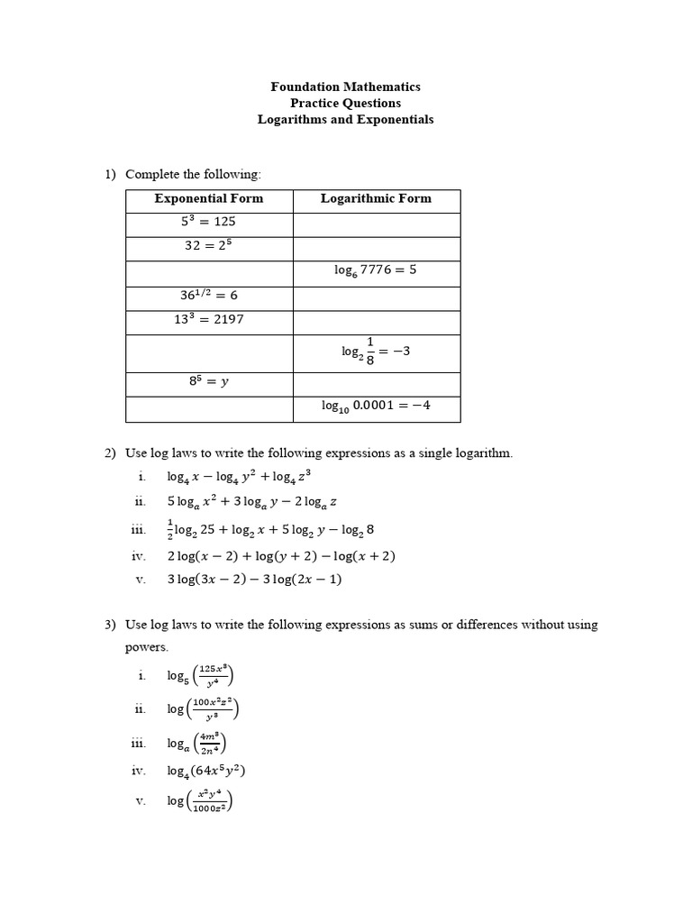 Exponential - Practice Questions | PDF | Logarithm | Mathematics