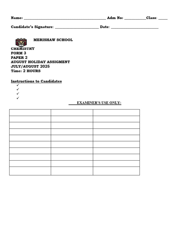 Chem Pp2 Question Paper Assignment - Form 3 - Chemistry | PDF | Magnesium | Chemistry