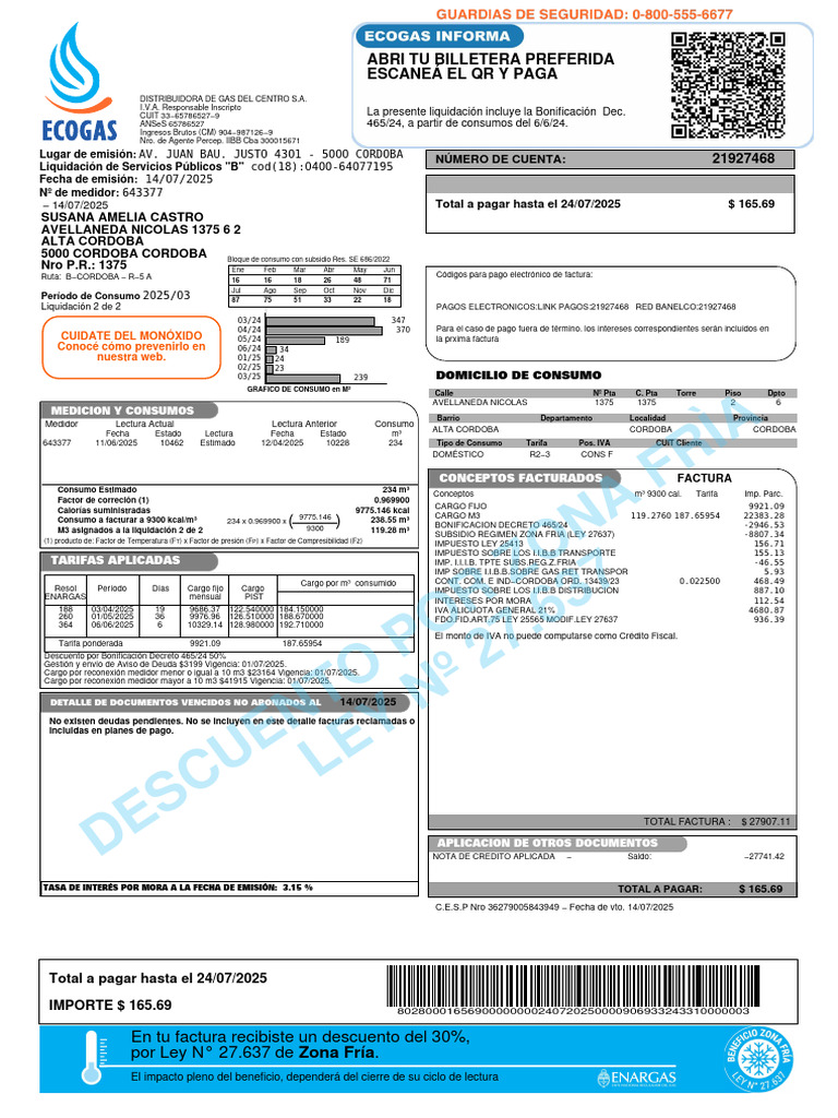 Factura Debito ECOGAS Nro 0400 64077195 000021927468 Cen | PDF | Gases ...