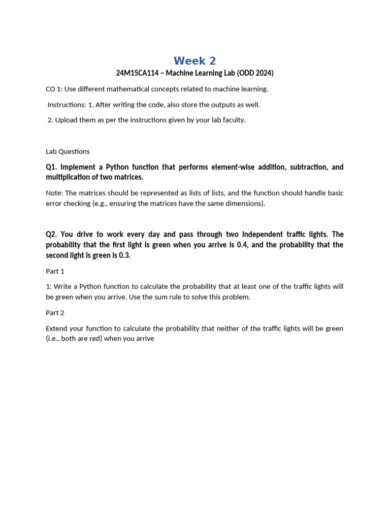 Machine Learning Lab Week 2 Tasks | PDF