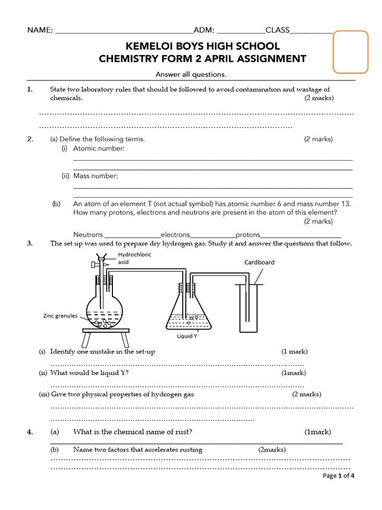 Chemistry Form 2 April Assignment | PDF | Chemical Elements | Chlorine