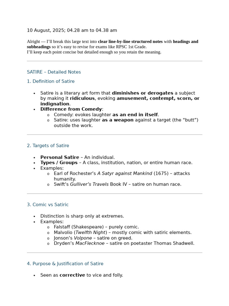 Satire Notes With MCQS From ChatGPT | PDF | Satire | Poetry