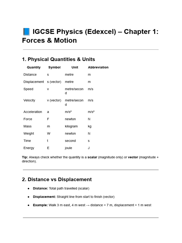 ? IGCSE Physics (Edexcel) - Chapter 1 - Forces & Motion | PDF | Force | Velocity