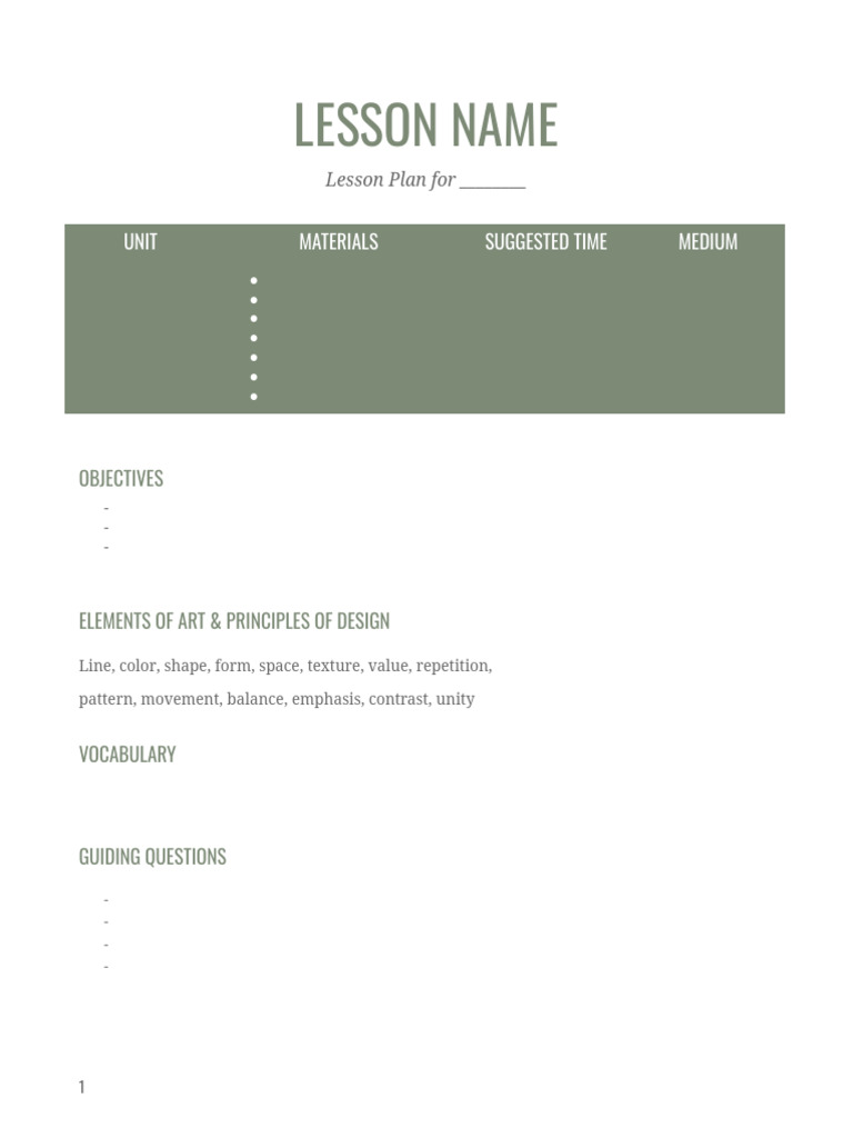 Visual Arts Lesson Plan Template - Google | PDF | Perception | Learning