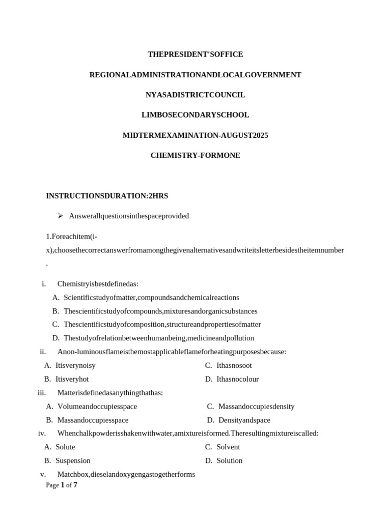 Form One Chemistry Midterm Exam 2025 | PDF | Chess Openings | Chess
