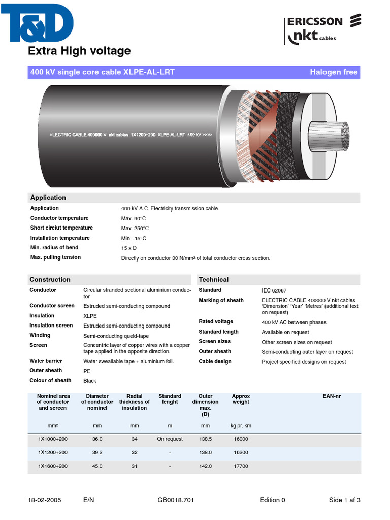 400kV Extra High Voltage Single Core Cable XLPE | PDF | Insulator ...