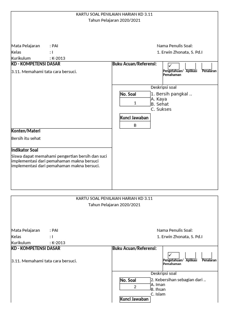 Kartu Soal Kelas 1 Pel 4 | PDF