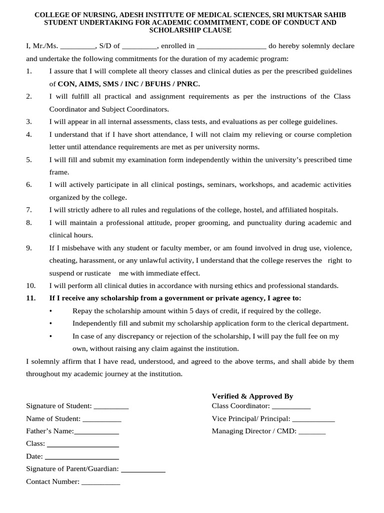 Student Undertaking For Academic Commitment, Code of Conduct and | PDF ...