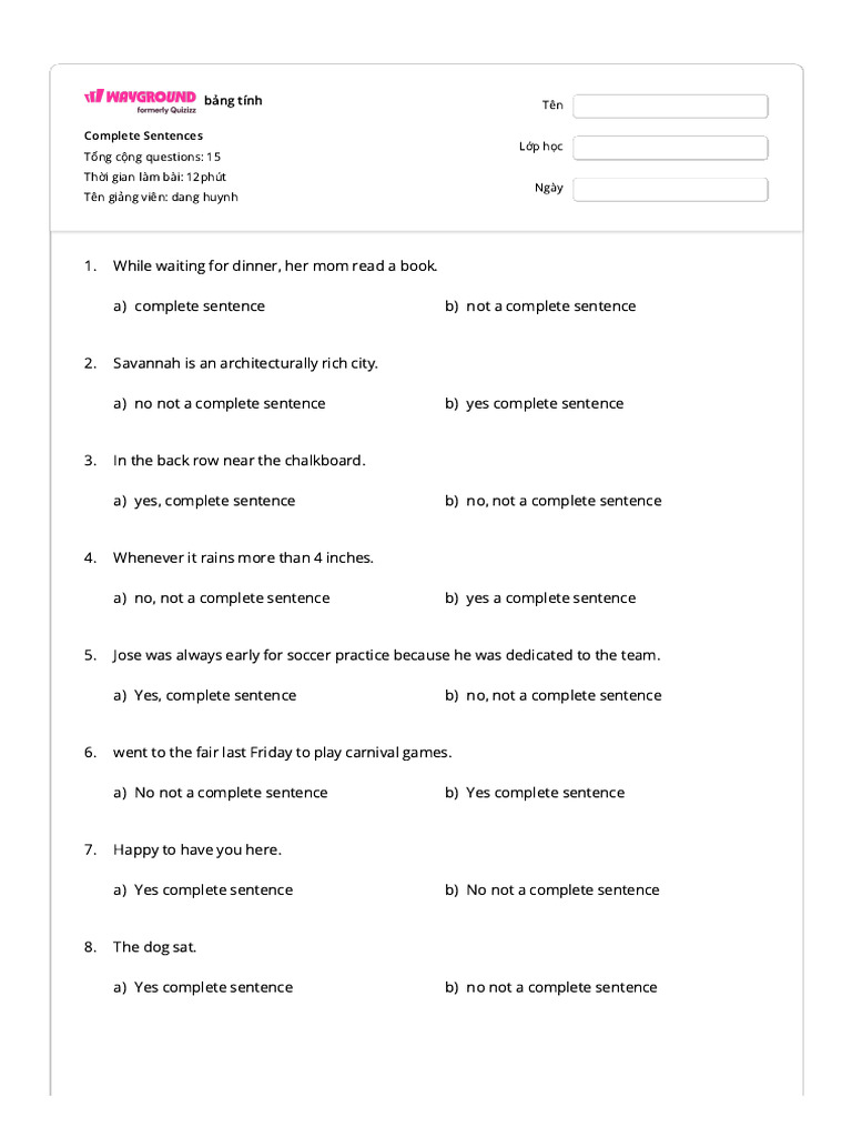 Complete Sentence Assessment Quiz | PDF | Chess Theory | Chess