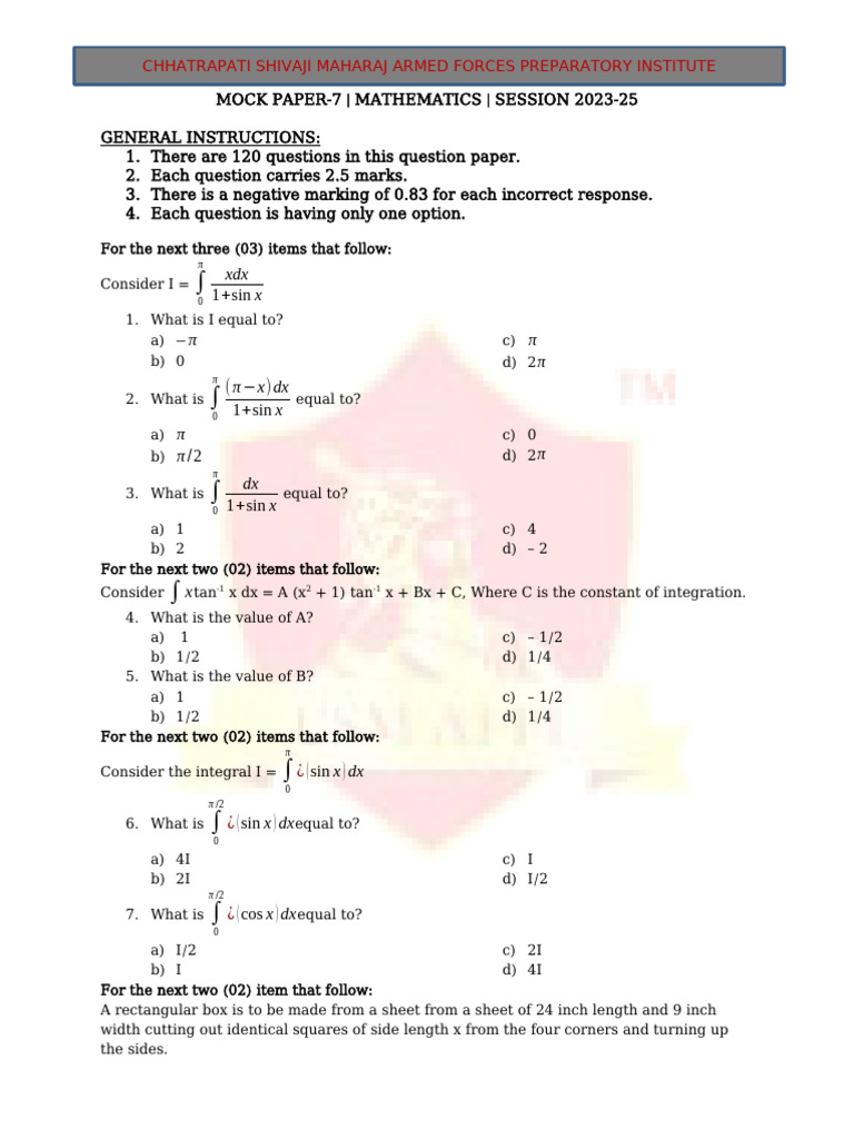 Mock Paper 7 | PDF | Mathematics | Mathematical Analysis