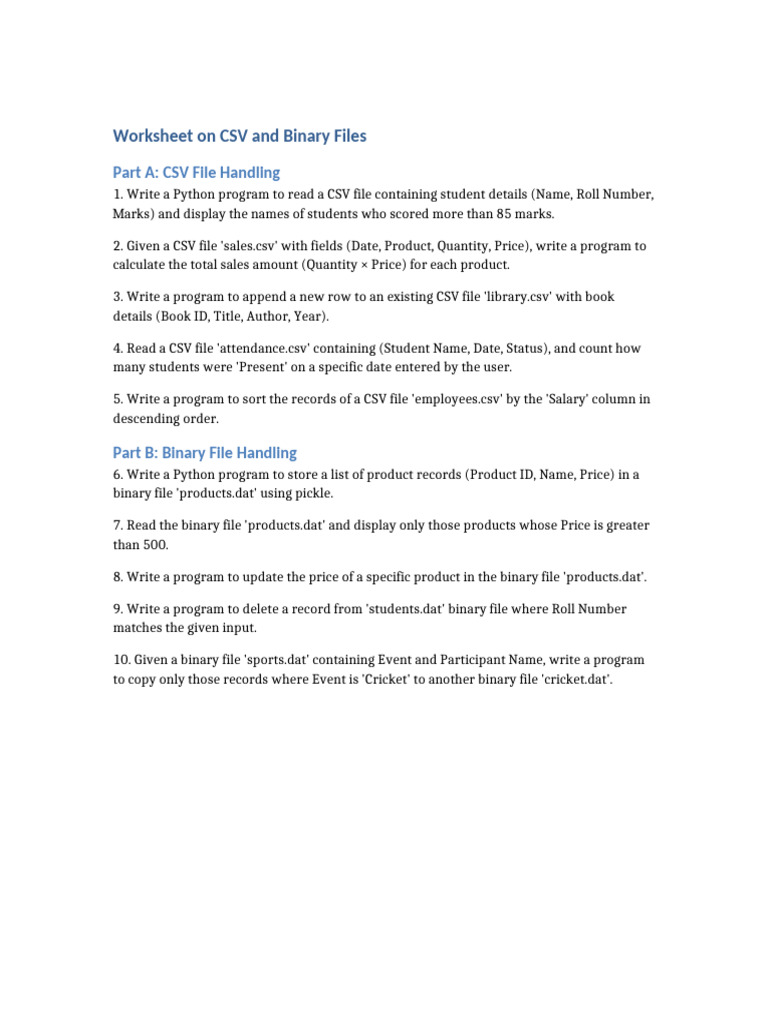CSV and Binary Files Worksheet | PDF