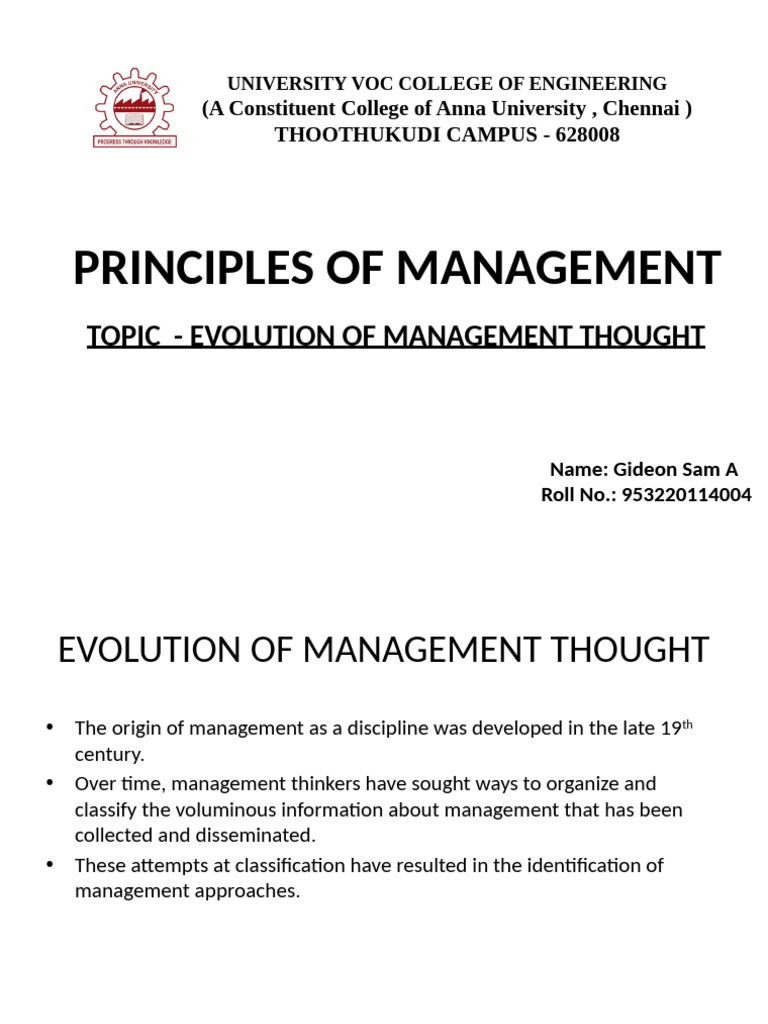 Evolution of Management Thought Overview | PDF | System | Leadership