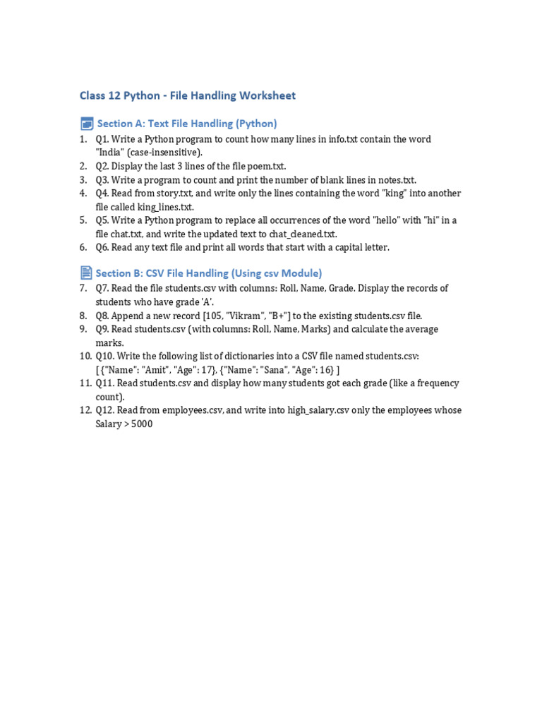 Class 12 Python File Handling Exercises | PDF