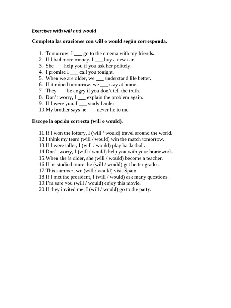 Will and Would Exercises PDF | PDF