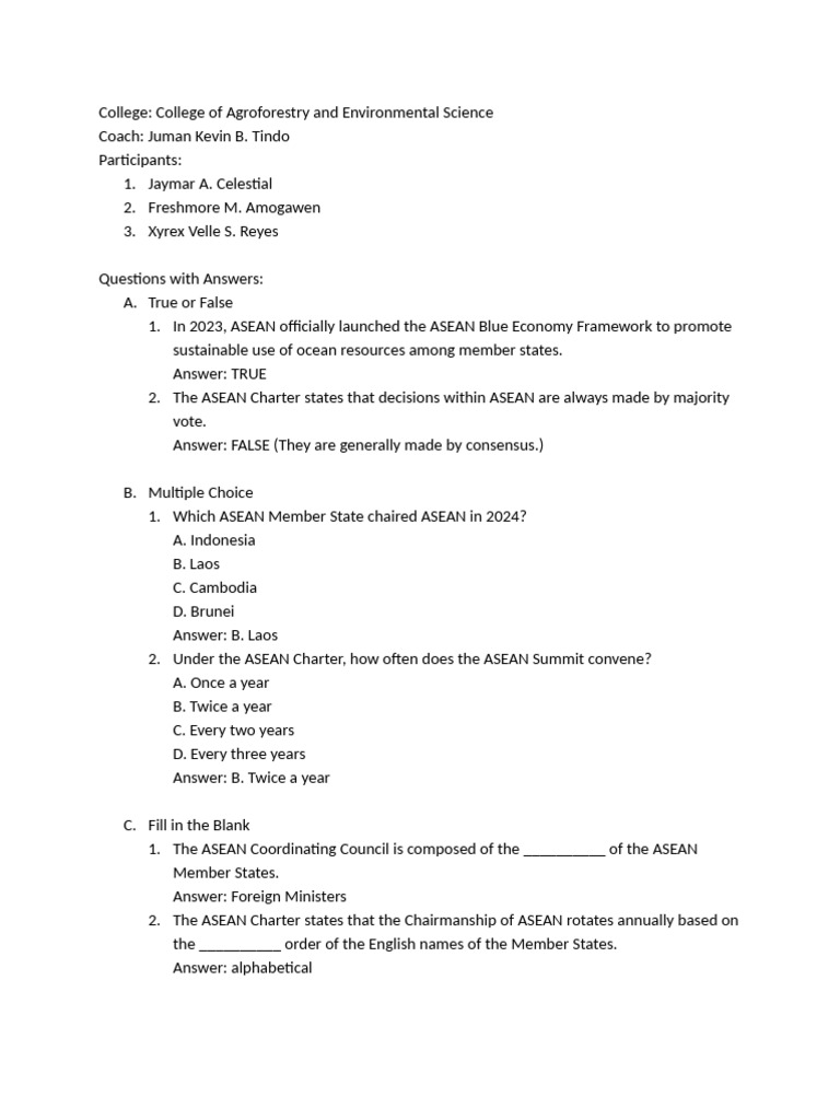 ASEAN Quiz Bee 2025 Reviewer | PDF